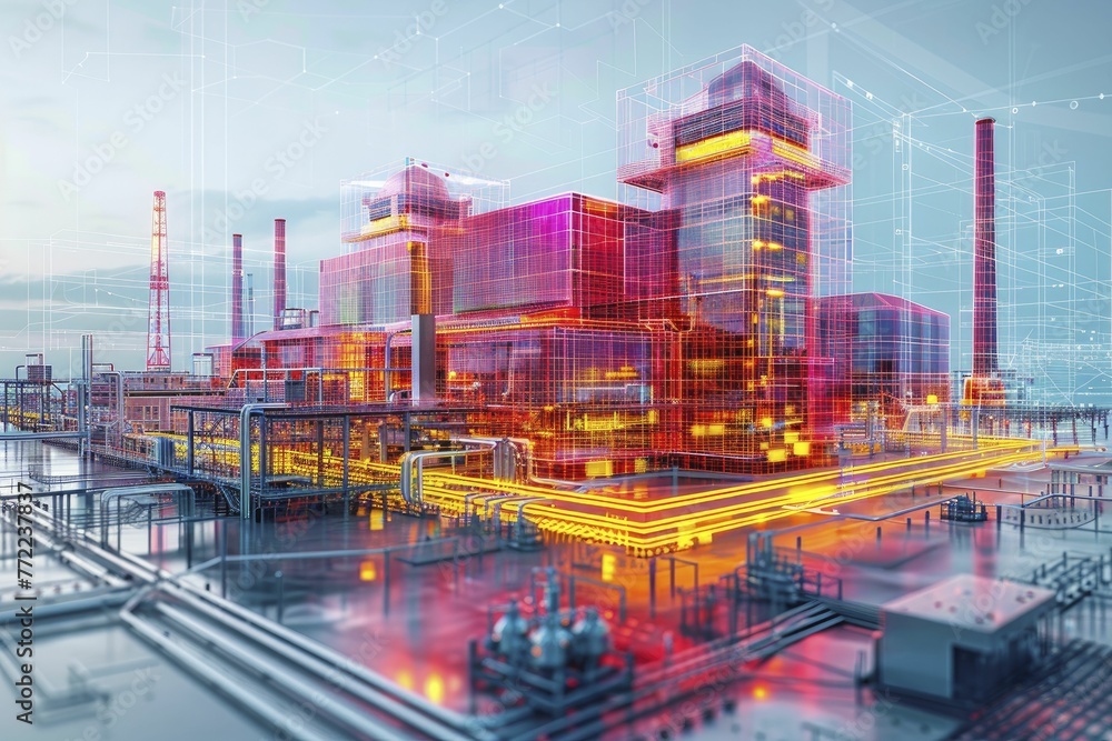 Explore a sleek digital twin factory simulation on a virtual backdrop ...