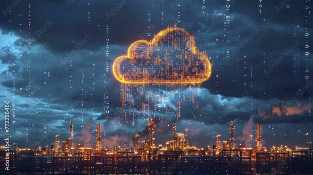 Innovative cloud technology cascades code onto industrial structures against a tech-infused ...