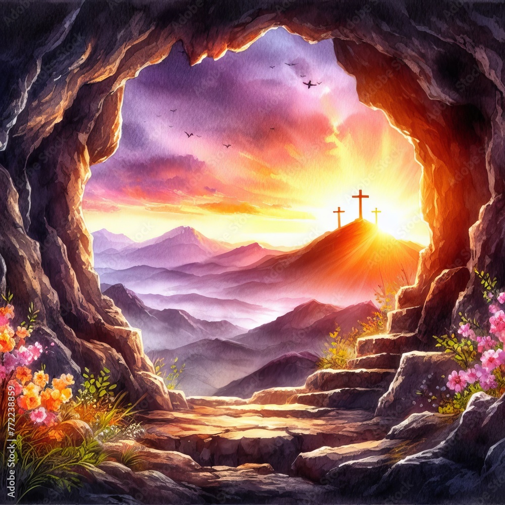 Watercolor painting of the view from inside an empty tomb towards a ...