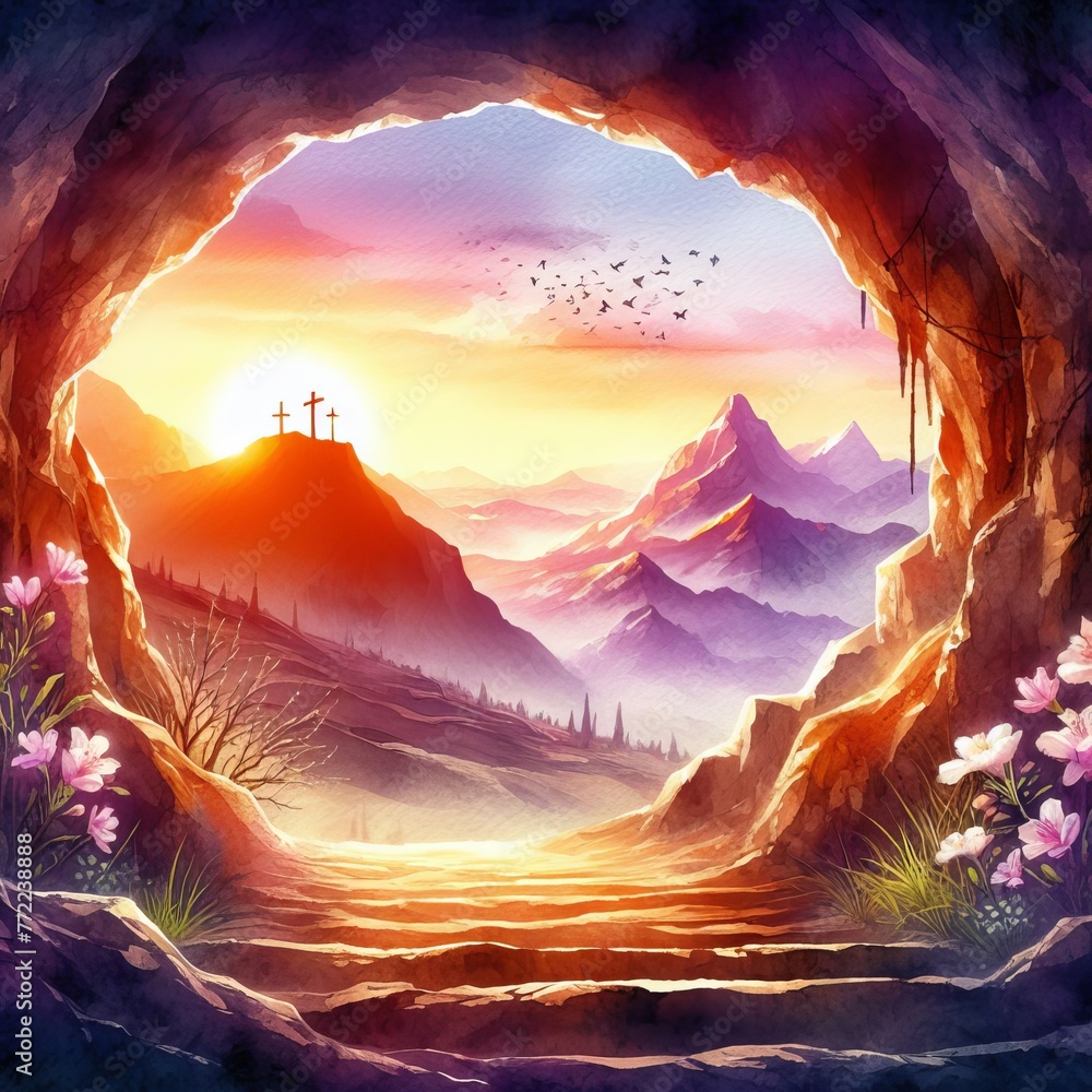 Watercolor painting of the view from inside an empty tomb towards a ...