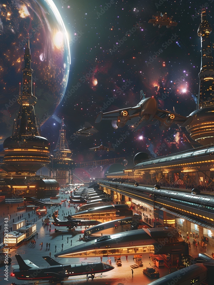 Futuristic Spaceport with Advanced Spacecraft and Cosmic Backdrop ...