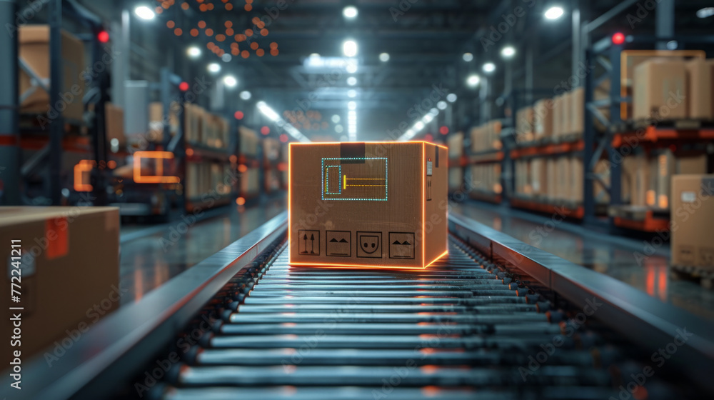 Cardboard box on a conveyor belt in a modern, well-organized warehouse ...