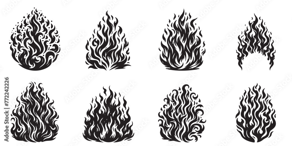 Fire flame, black silhouette on a transparent background, burning fire ...