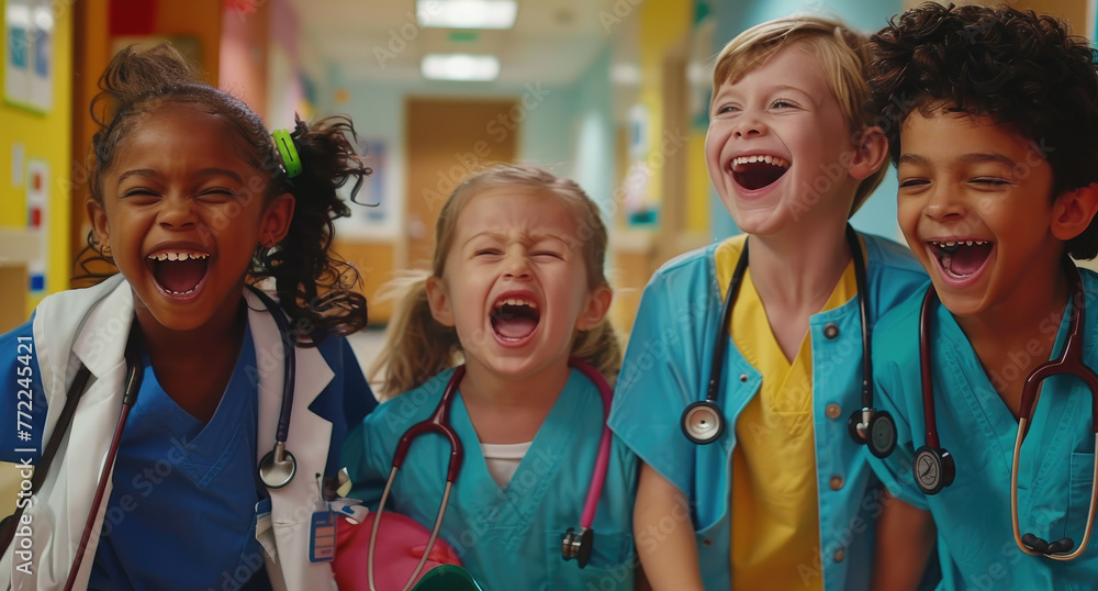 diverse children dressed as doctors, playing in the hospital hallway ...