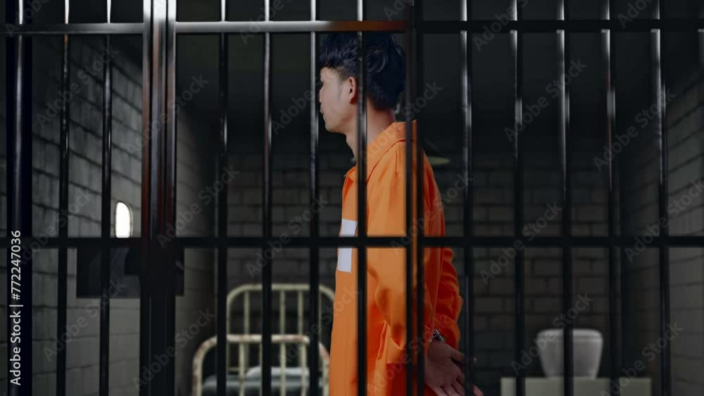 Side View Of Asian Male Prisoner In Handcuffs Standing In Prison ...