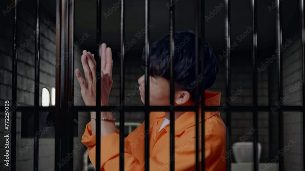 Close Up Side View Of Asian Male Prisoner In Handcuffs Standing In ...
