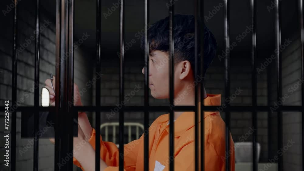 Close Up Side View Of Asian Male Prisoner With Broken Handcuffs ...