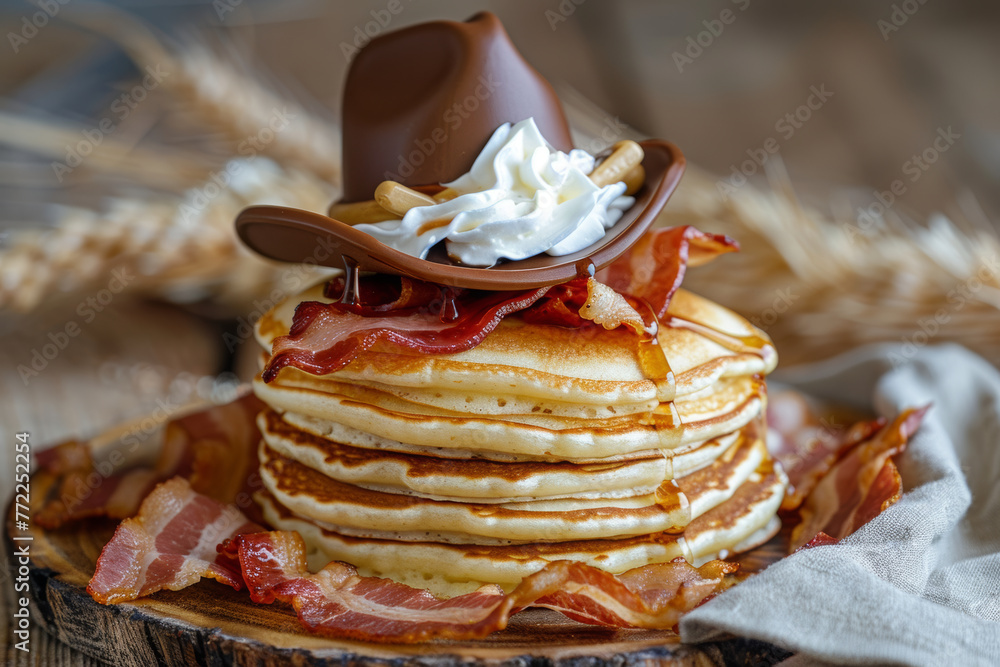 A humorous setup of a pancake stack wearing a tiny cowboy hat and a ...