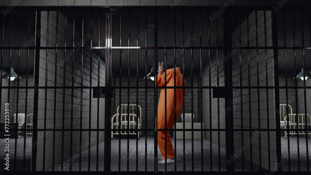 Full Body Side View Of Asian Male Prisoner In Handcuffs Standing In ...