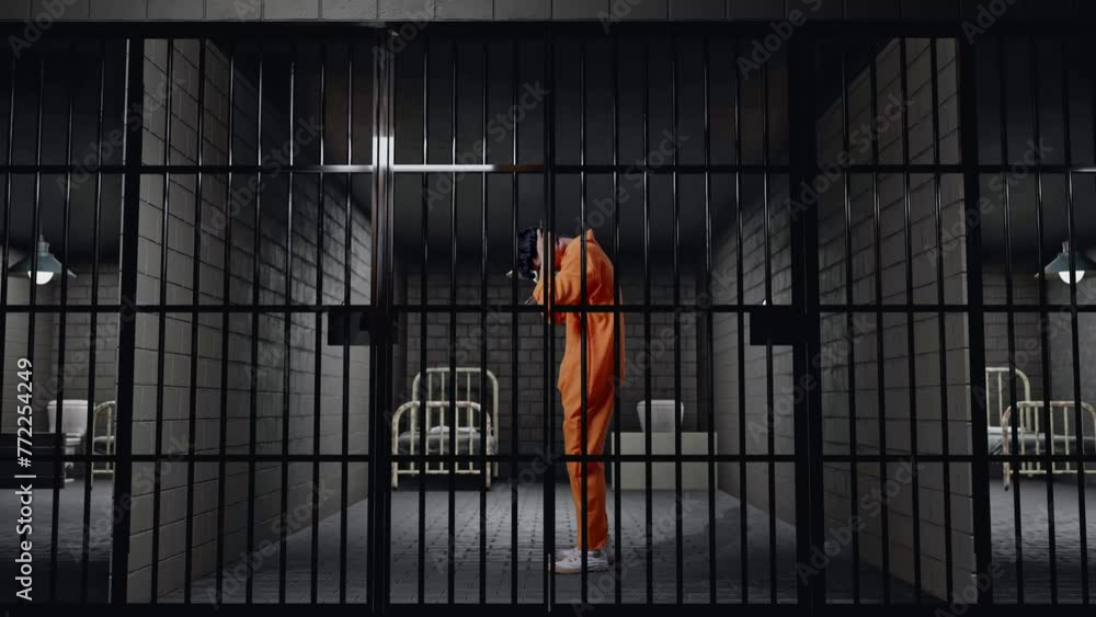 Full Body Side View Of Stressed Asian Male Prisoner With Broken ...