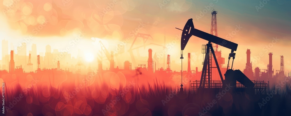 Oil extraction towers set against a dramatic sunset, highlighting the ...