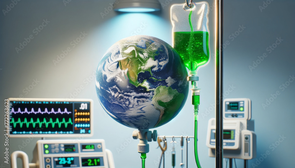 Detailed view of a miniature globe of Earth connected to an IV stand ...