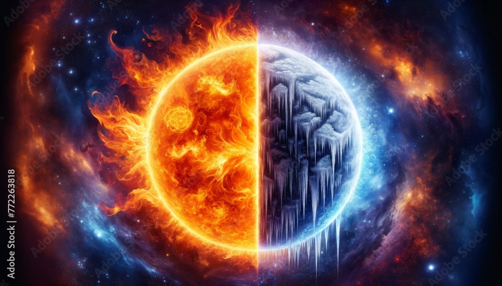 Split sun with sun and ice design, cosmic art - Depiction of the sun's ...