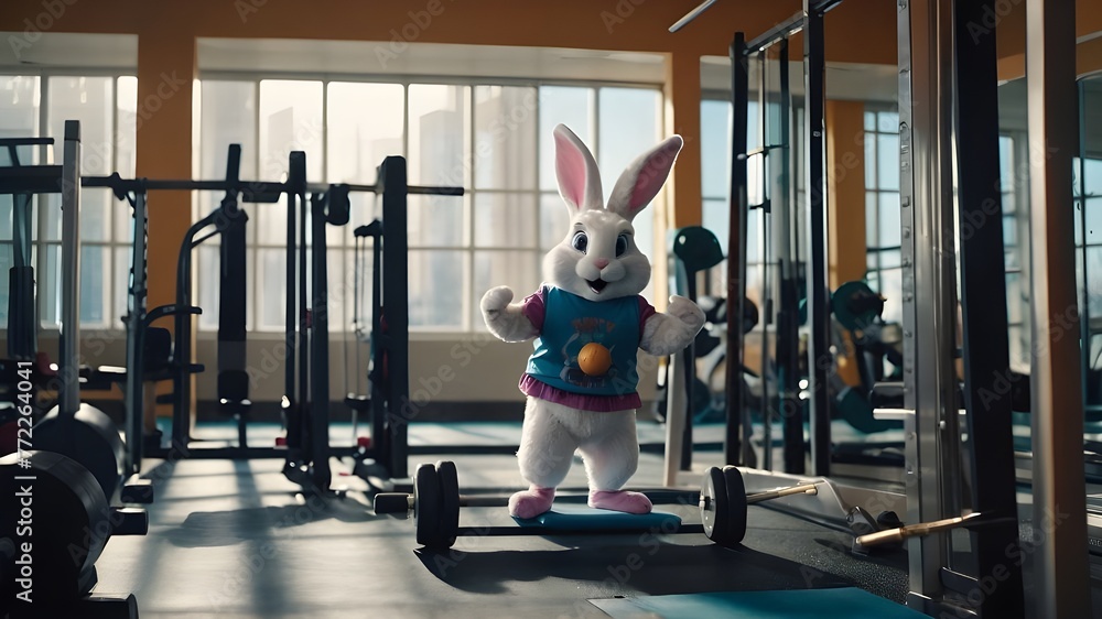 A playful illustration of an Easter bunny engaging in various gym ...