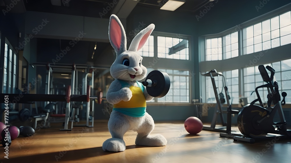 A playful illustration of an Easter bunny engaging in various gym ...