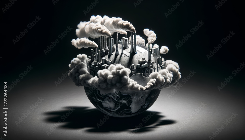 Macro shot of a tiny Earth in the midst of a forest of smokestacks ...