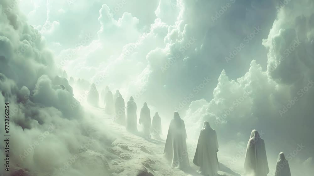 people walking to the light in heaven. Standing in a row waiting to go ...