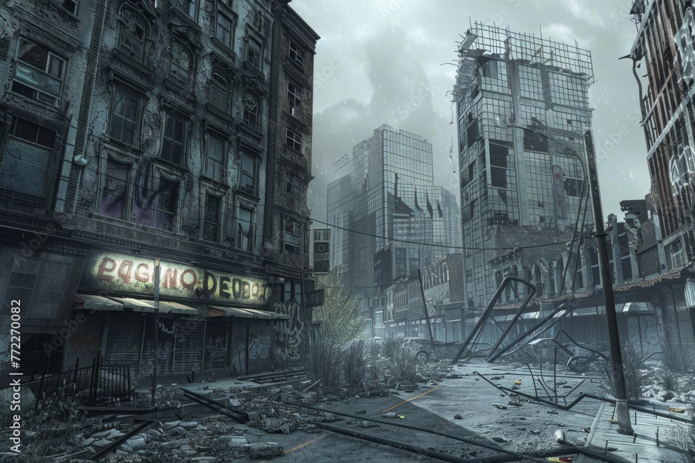 Gritty city street adorned with expressive graffiti and strewn rubble ...