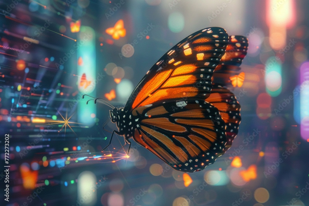 Futuristic monarch butterfly with neonedged wings, navigating through ...