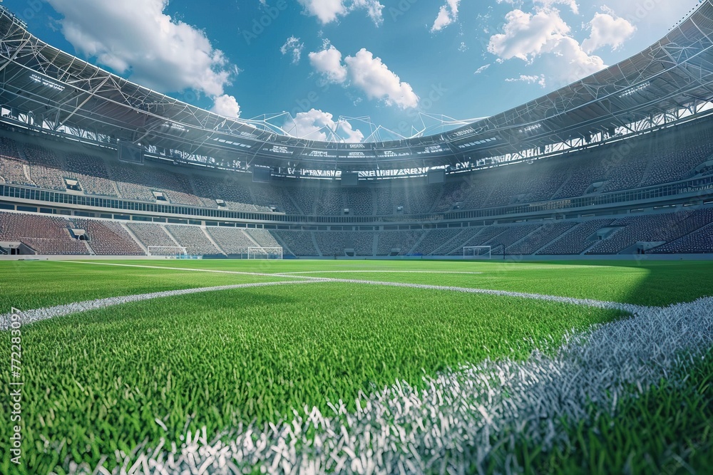 realistic view from middle of football pitch, filled stadium during the ...