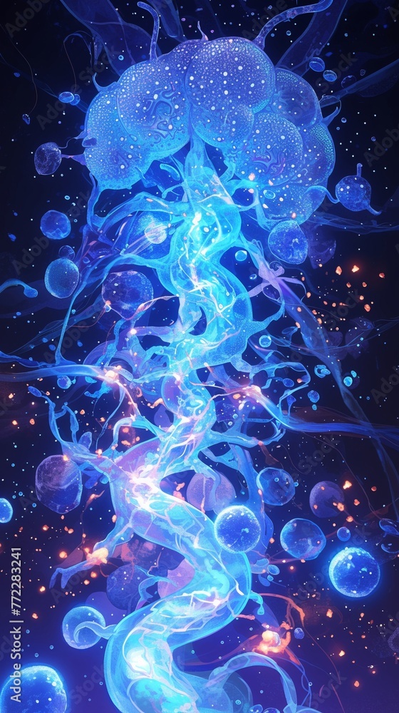 Pancreatic acinar cells producing enzymes, side shot, electric blue ...