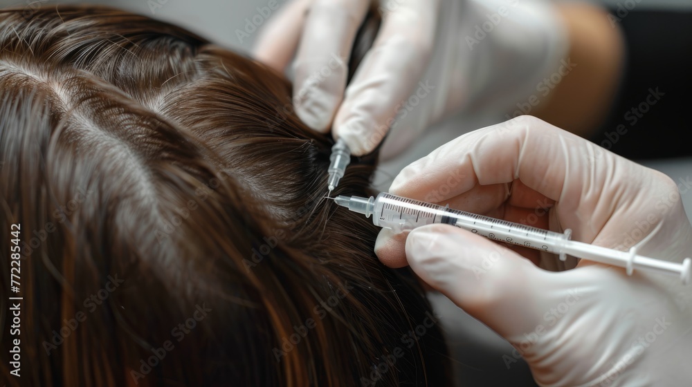 Hair regeneration, Plasma injection into the hair on a woman 's head .a ...