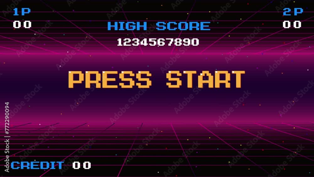 PRESS START insert coin to continue. Synthwave wireframe net. pixel art ...