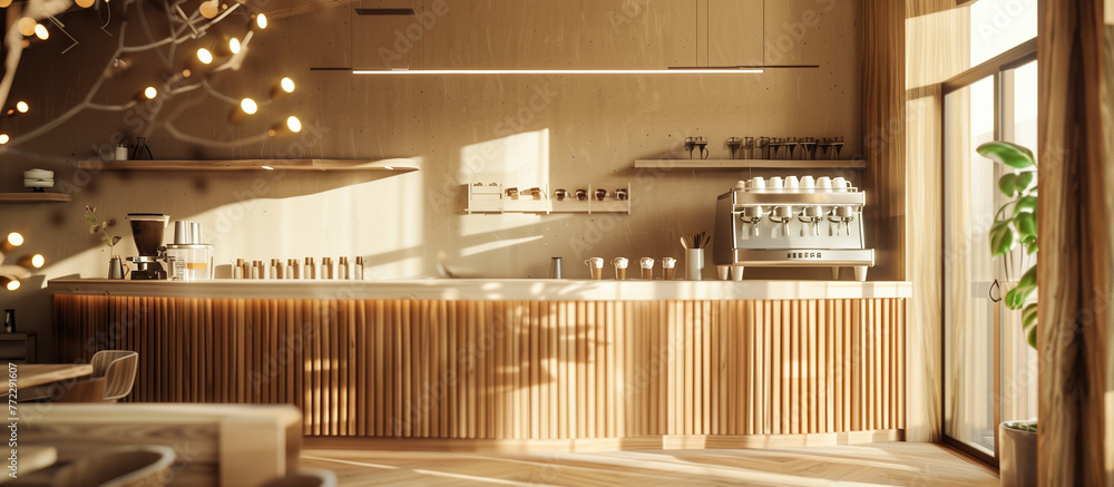 modern cozy interior design of beige color coffee shop cafe with wooden ...