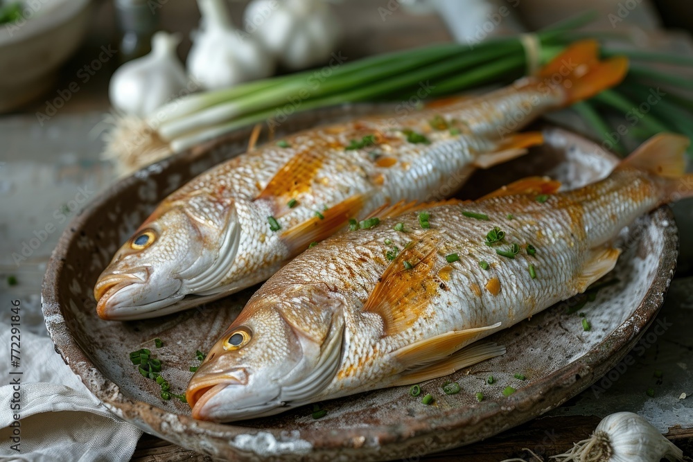 Fresh raw fish ready for cooking on plate - Two raw fishes seasoned ...