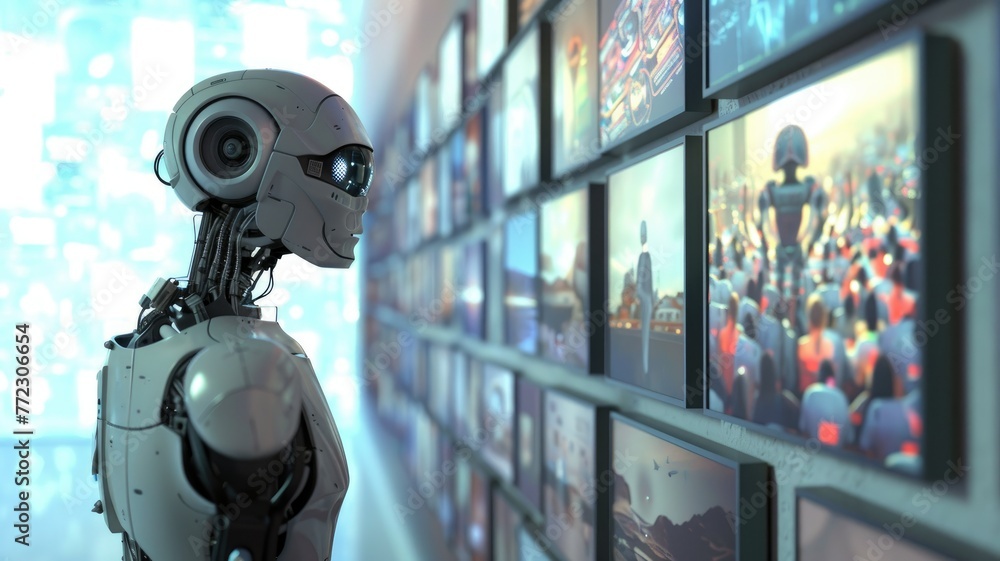 Robot analyzing multiple screens - Robot studying various screens ...