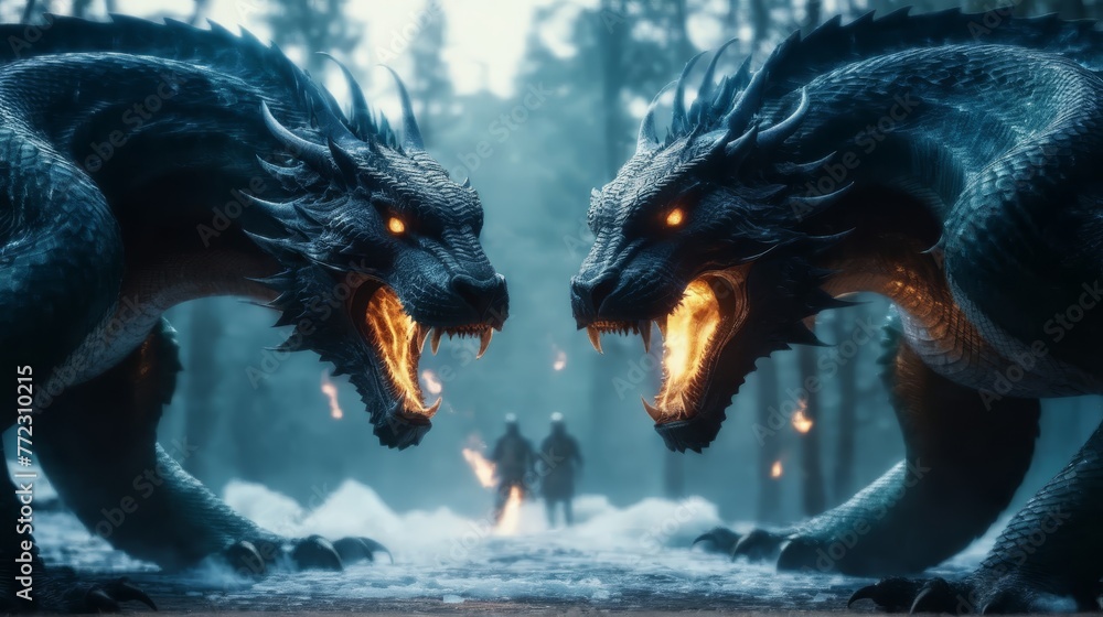 Two dragons, each with scaled bodies and long tails, confront one ...