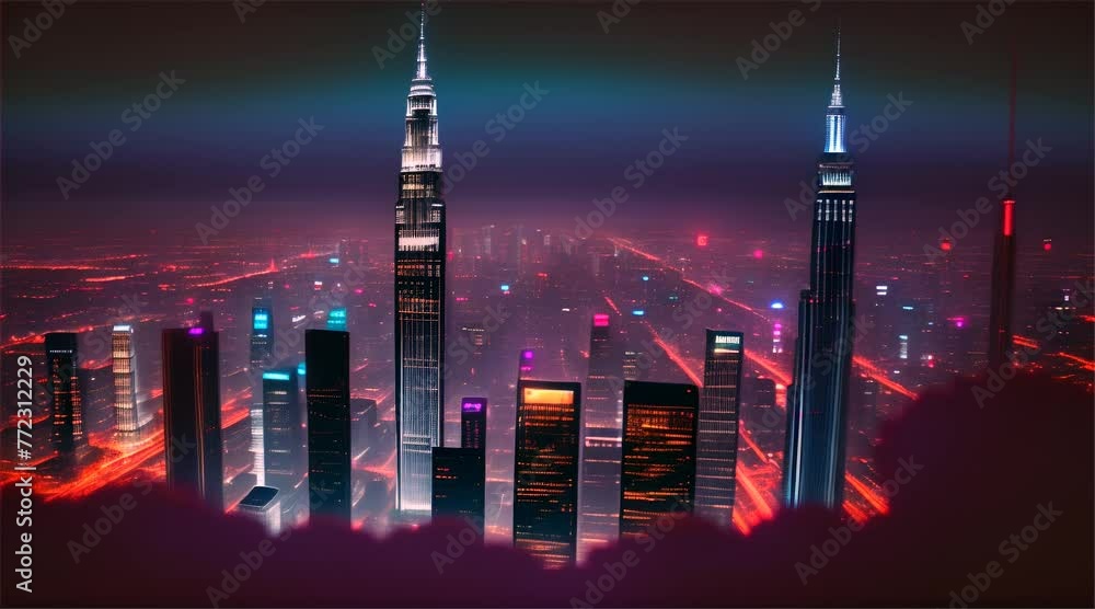 Animated fantasy city skyline that comes alive at night with towering ...