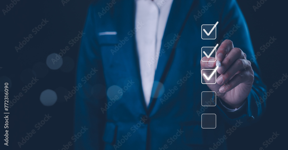 Checklist concept, Businessman mark checkboxes, Survey form, check ...