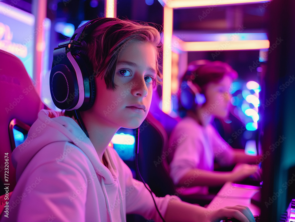 Kids in gaming arena, esports action, neon lights, advertising photo ...