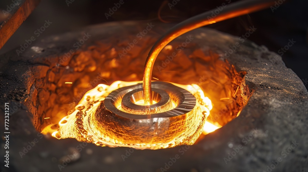 A detailed view of a metal coil being heated in the forge, ready for ...