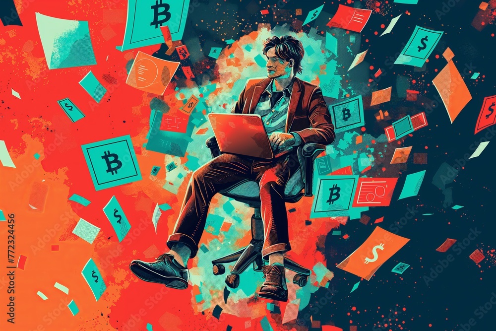 Trader with financial charts colorful funky cartoon illustration ...