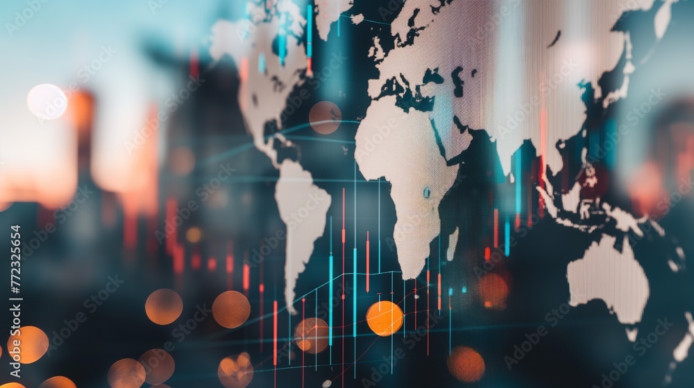 Financial trading candle charts with world map digital background ...