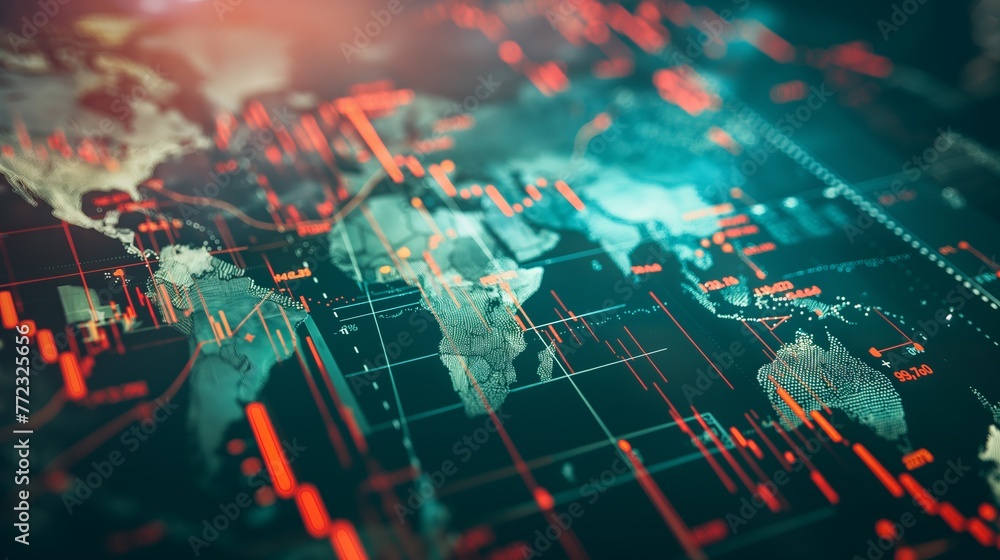 Financial trading candle charts with world map digital background ...