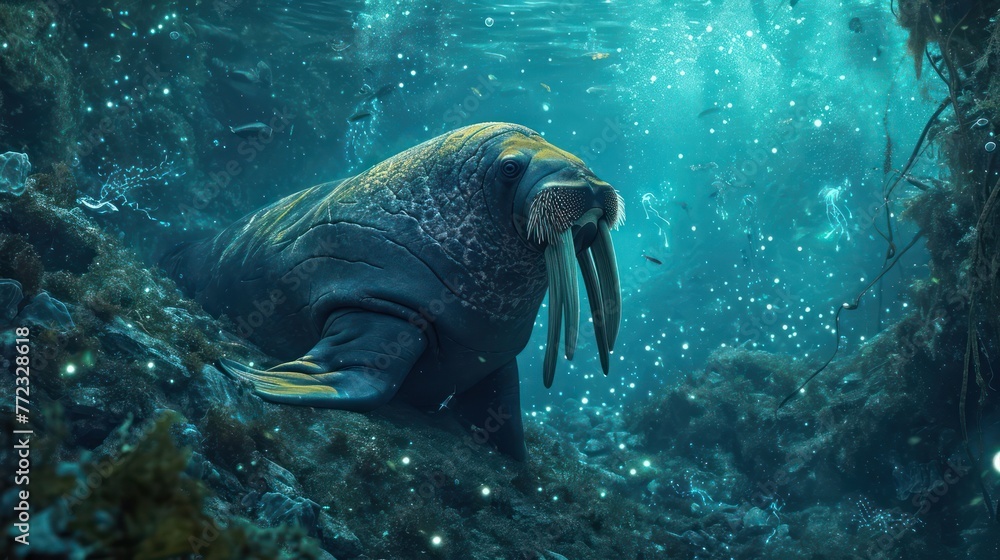 ethereal walrus with an underwater kingdom in a fairy tale ocean filled ...