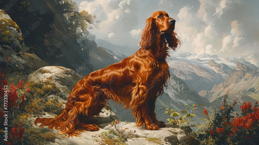 majestic Irish Setter portrayed in the classic art style aesthetic ...