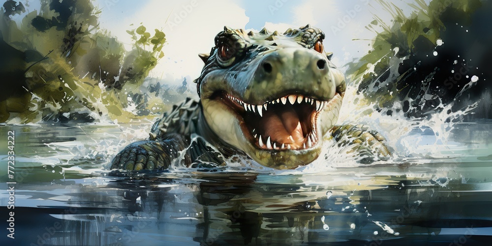 Visualize a crocodile family resting together on a riverbank, their ...