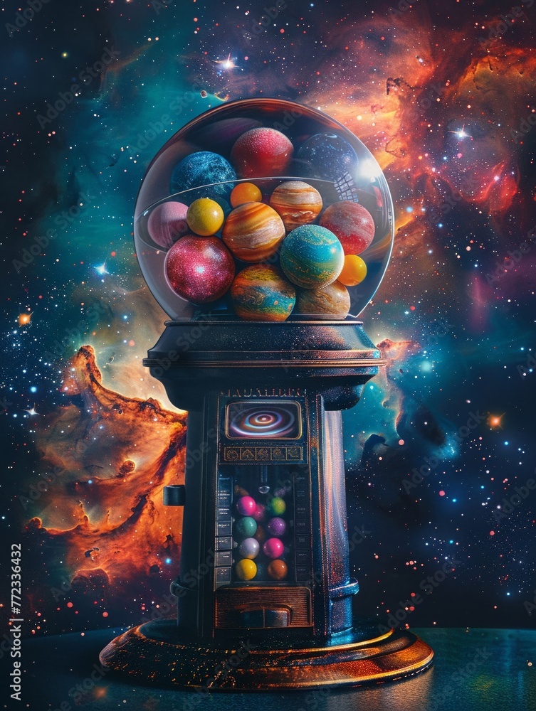 A whimsical gumball machine in the heart of a nebula, dispensing ...