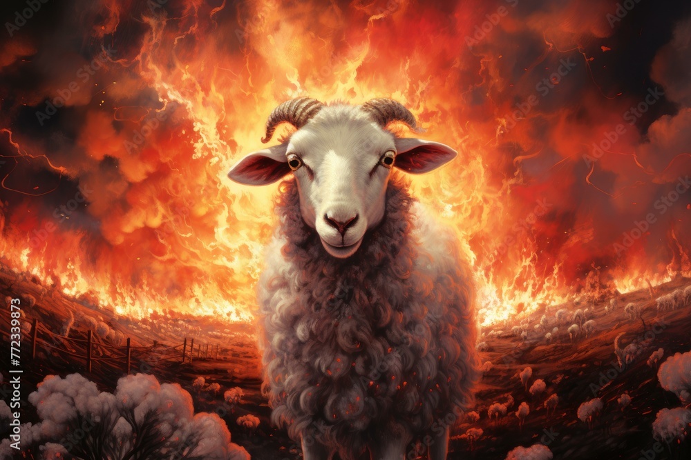 Monstrous Nightmare sheep with fire flames. Horrified scary lucifer ...