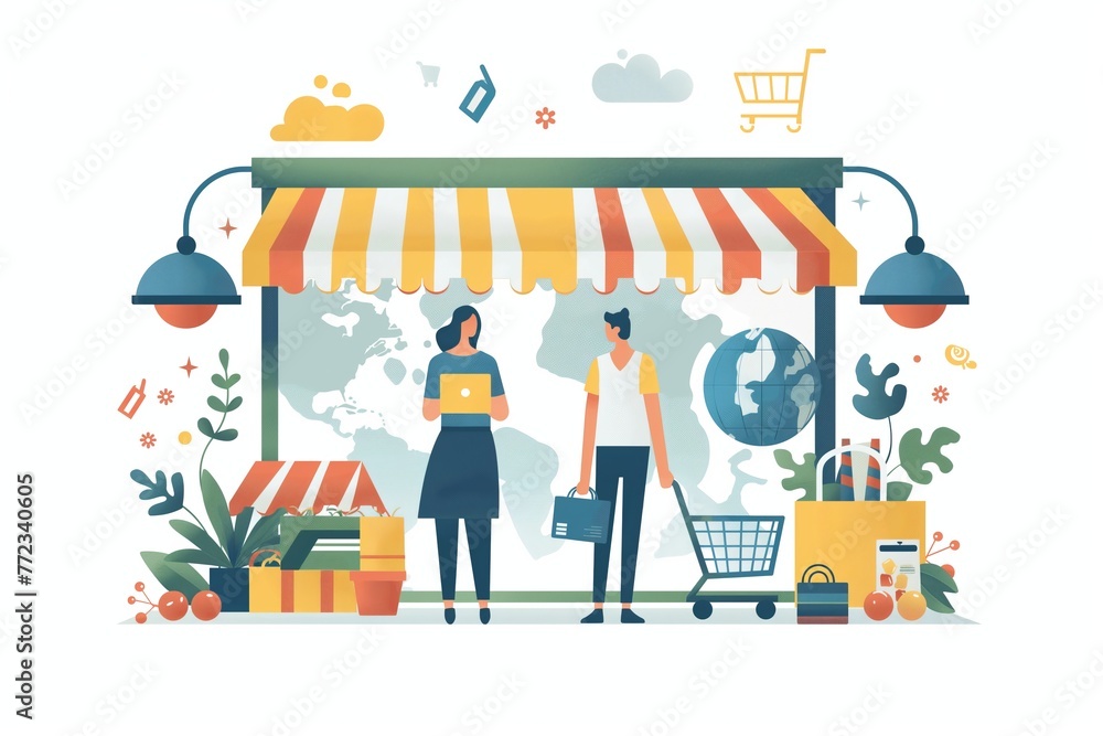 E-commerce online storefront with people shopping with their computers internet access, digital ...