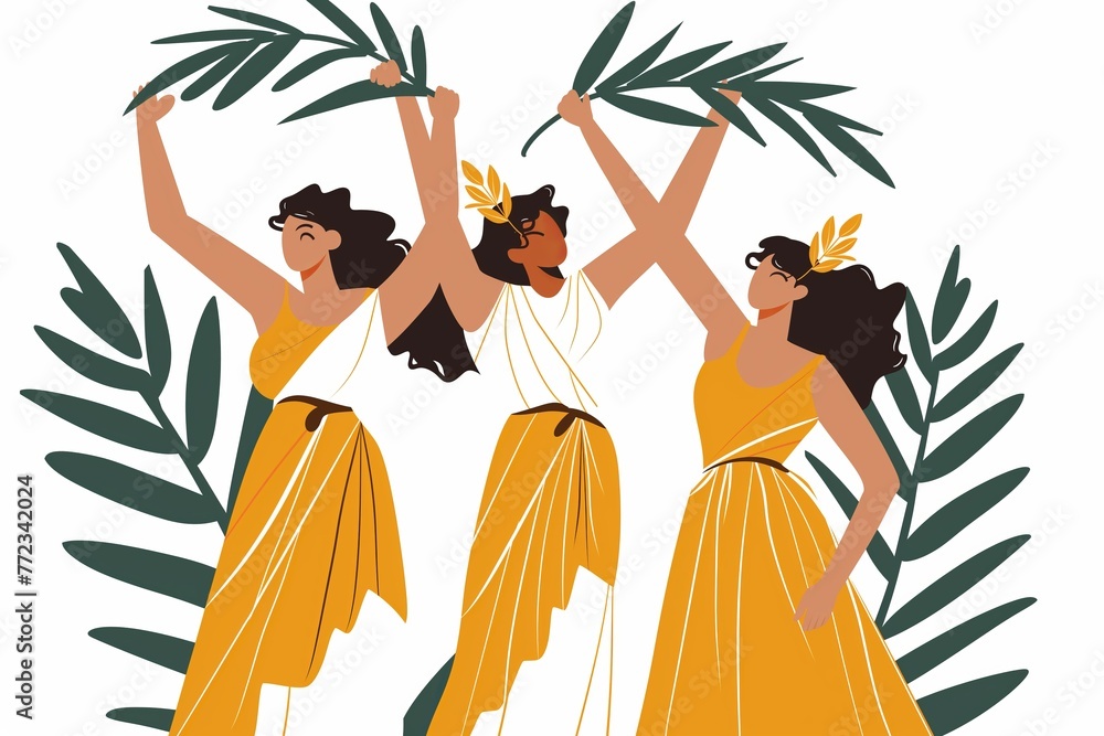 Ancient Roman empire women celebrating with palm leafs, flat cartoon ...