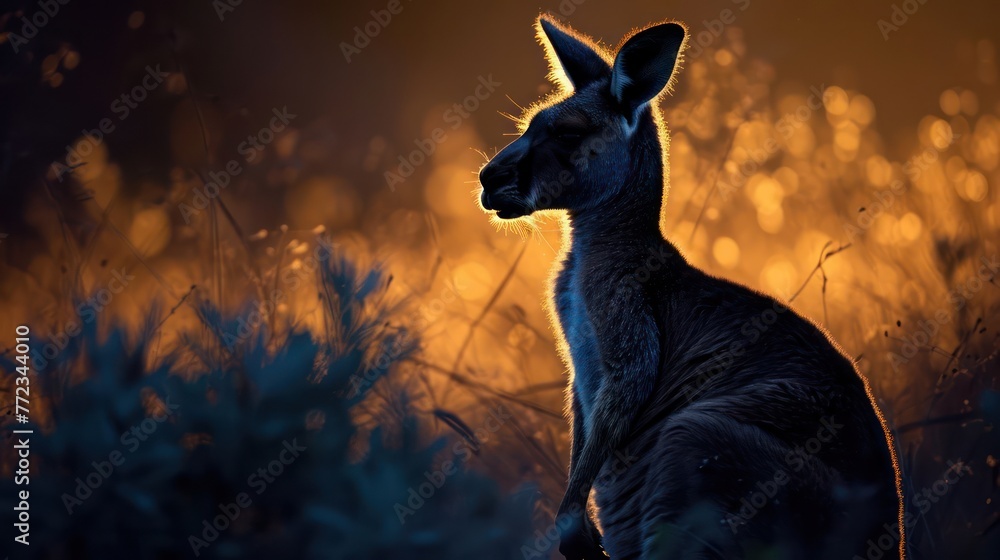 vigilant kangaroo silhouetted against the night sky, portraying the ...