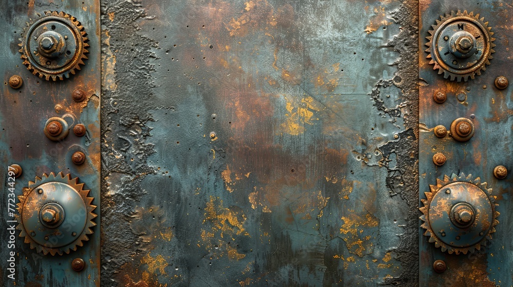 A textured composition of rustic mechanical gears arranged on a ...