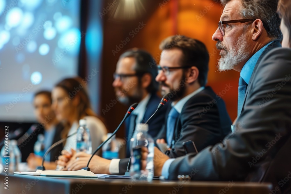 Executives in formal attire engage in a panel discussion at a corporate ...