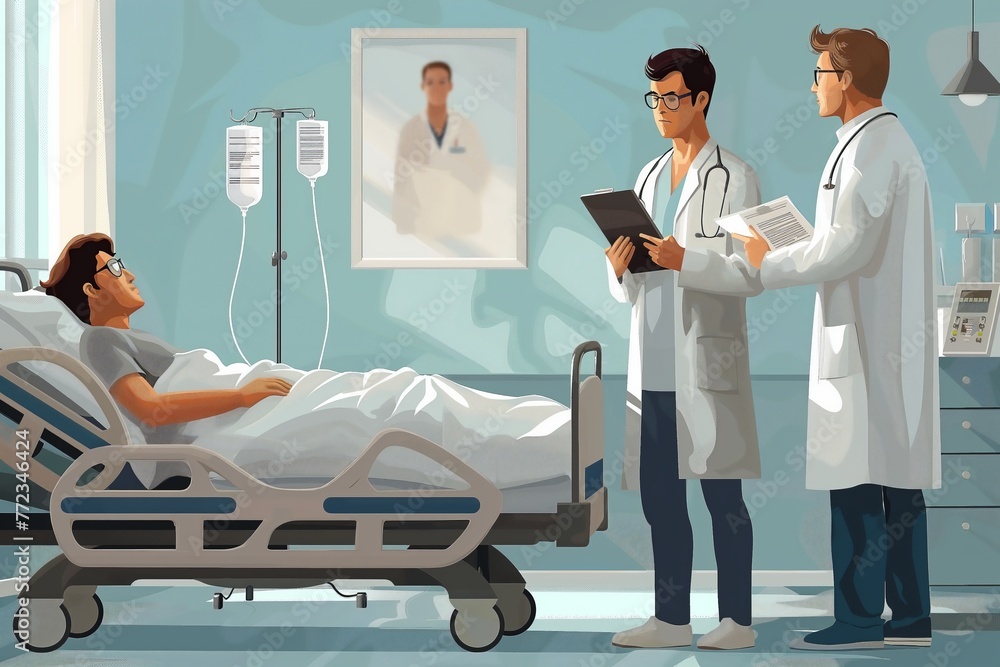Patient lying on a hospital bed with medical staff doctors around him ...