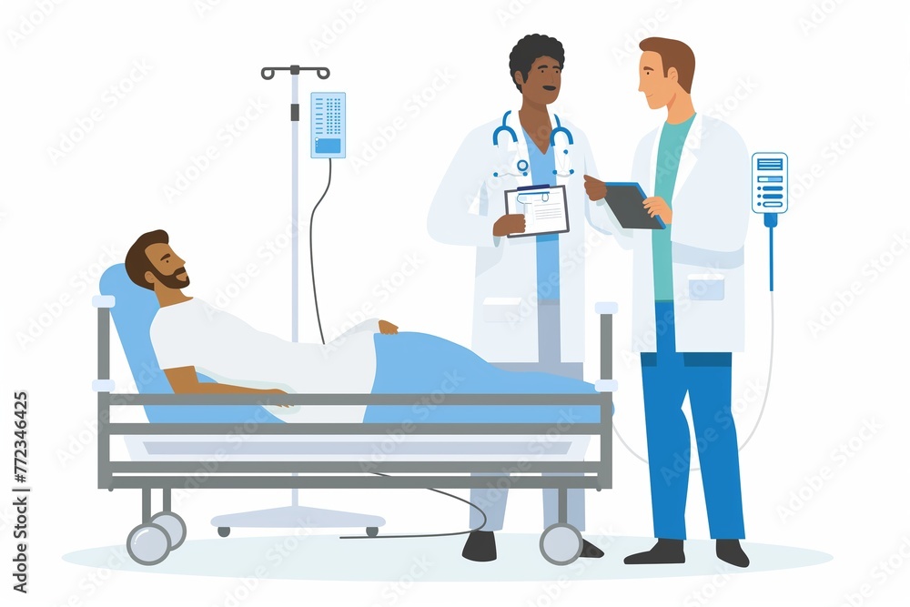 Patient lying on a hospital bed with medical staff doctors around him ...